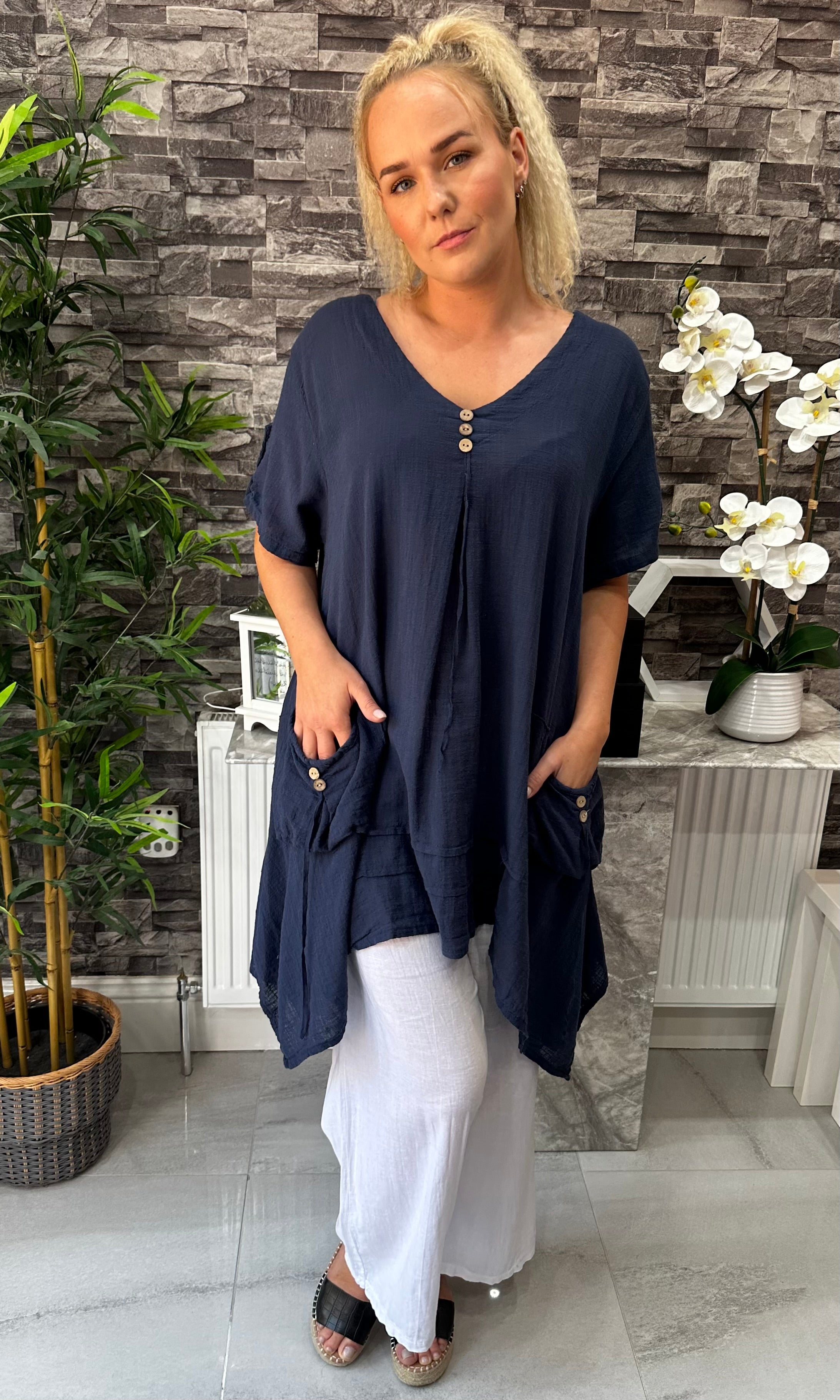 Made In Italy Tivoli Linen Pocket Tunic Top | Moda Mistress